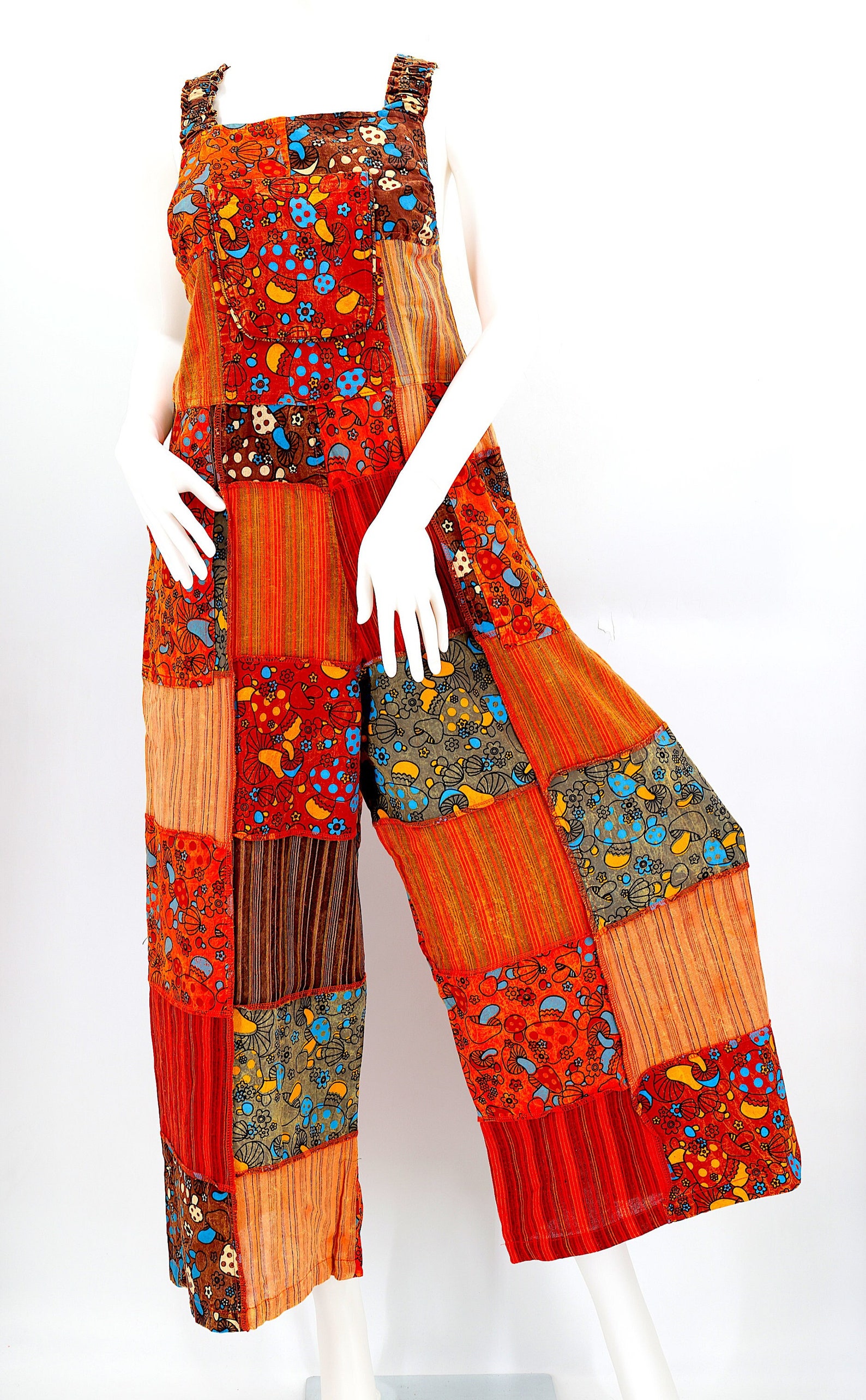 Handmade Cotton Patchwork Overalls Mushroom Print Hippie Jumpsuit - Etsy