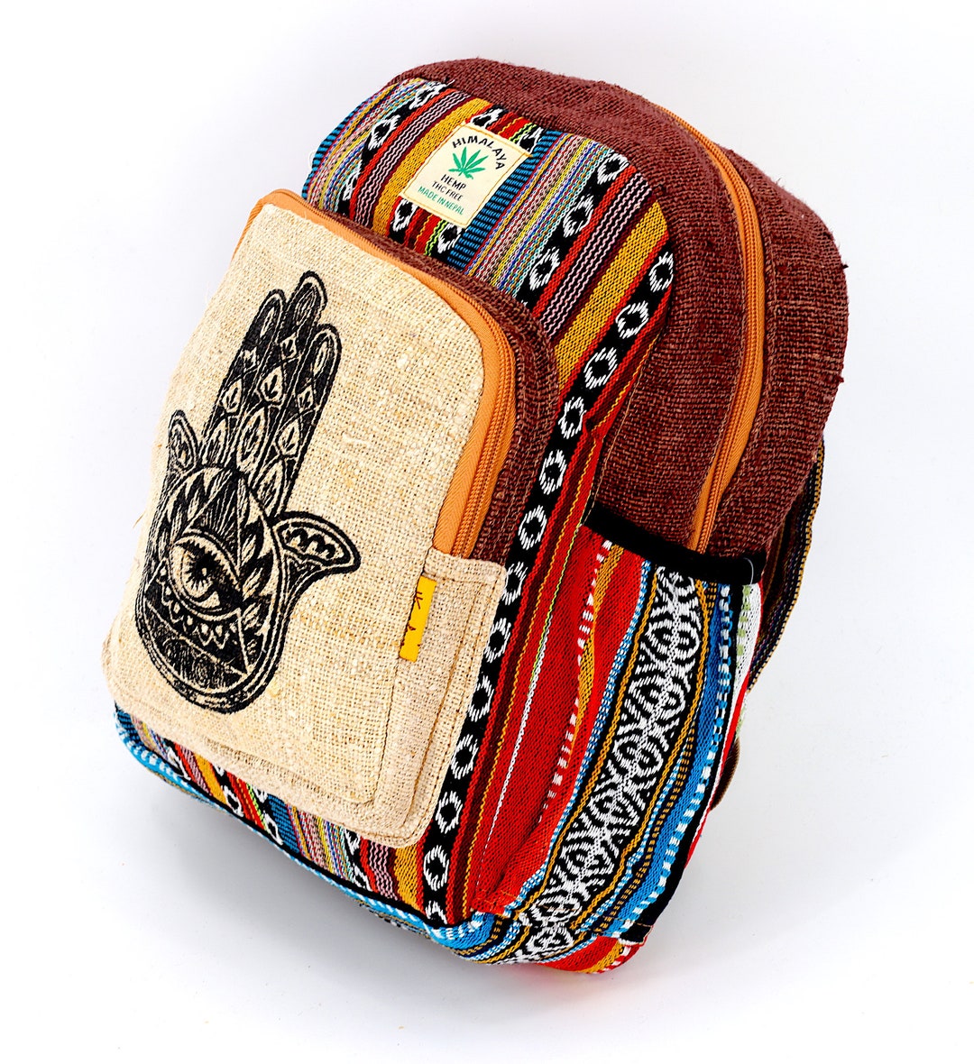 Unique Designed Himalaya Hemp Hamsa Hand Print Mini Backpack, Hippie ...