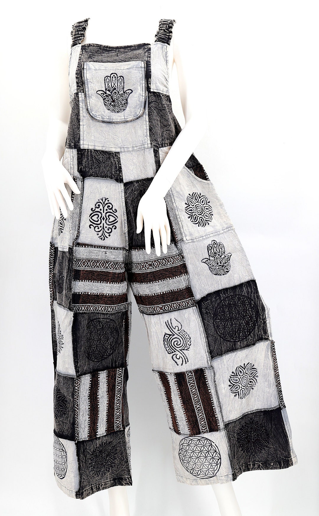 Cotton Hippie Handmade Gheri Black and Grey Patchwork Wide Leg Bohemian ...