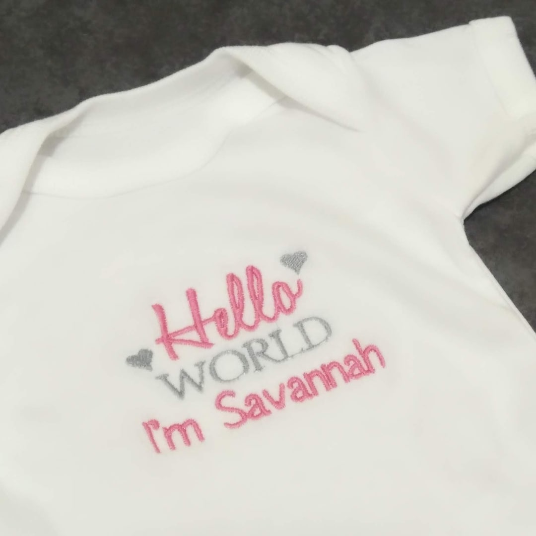 Personalised Hello World Baby Vest Bodysuit, Embroidered Baby Vest Any ...