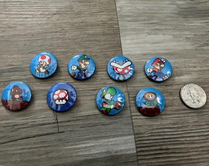 New Set of 8 Mario Brothers 1” Button Backpack Flair Bling Buttons Pins ...