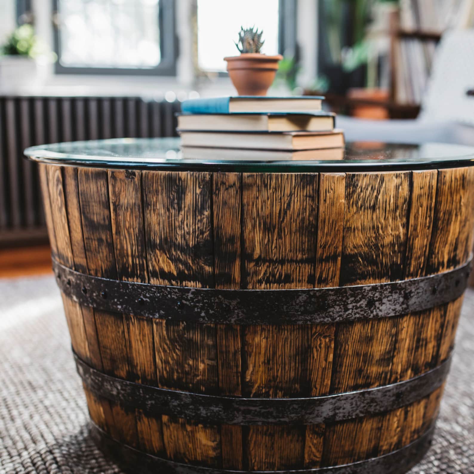 Whiskey Barrel Coffee Table Homemade Barrel Furniture Thick Round Glass ...