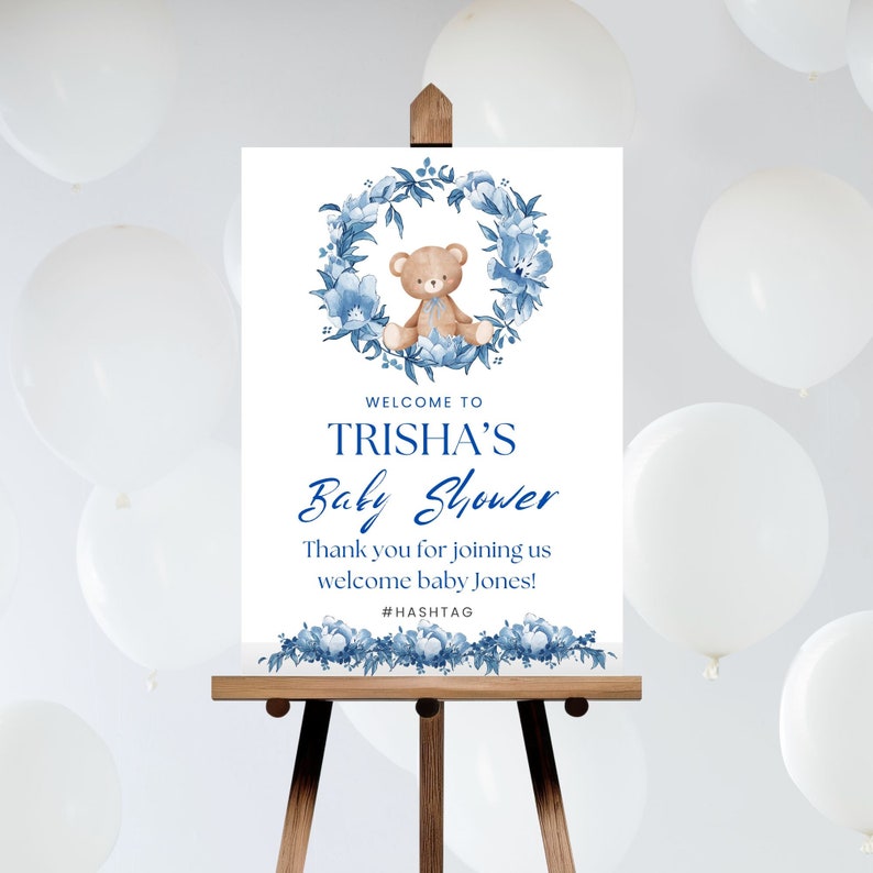 Baby Shower Welcome Sign, Blue Flowers & Teddy Bear Baby Shower Sign ...