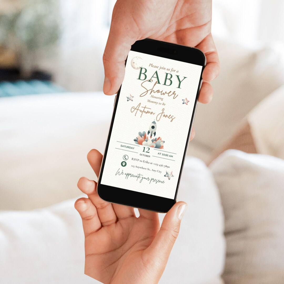 Digital Baby Shower Invitation, Boho Space Rocket Baby Shower Evite ...