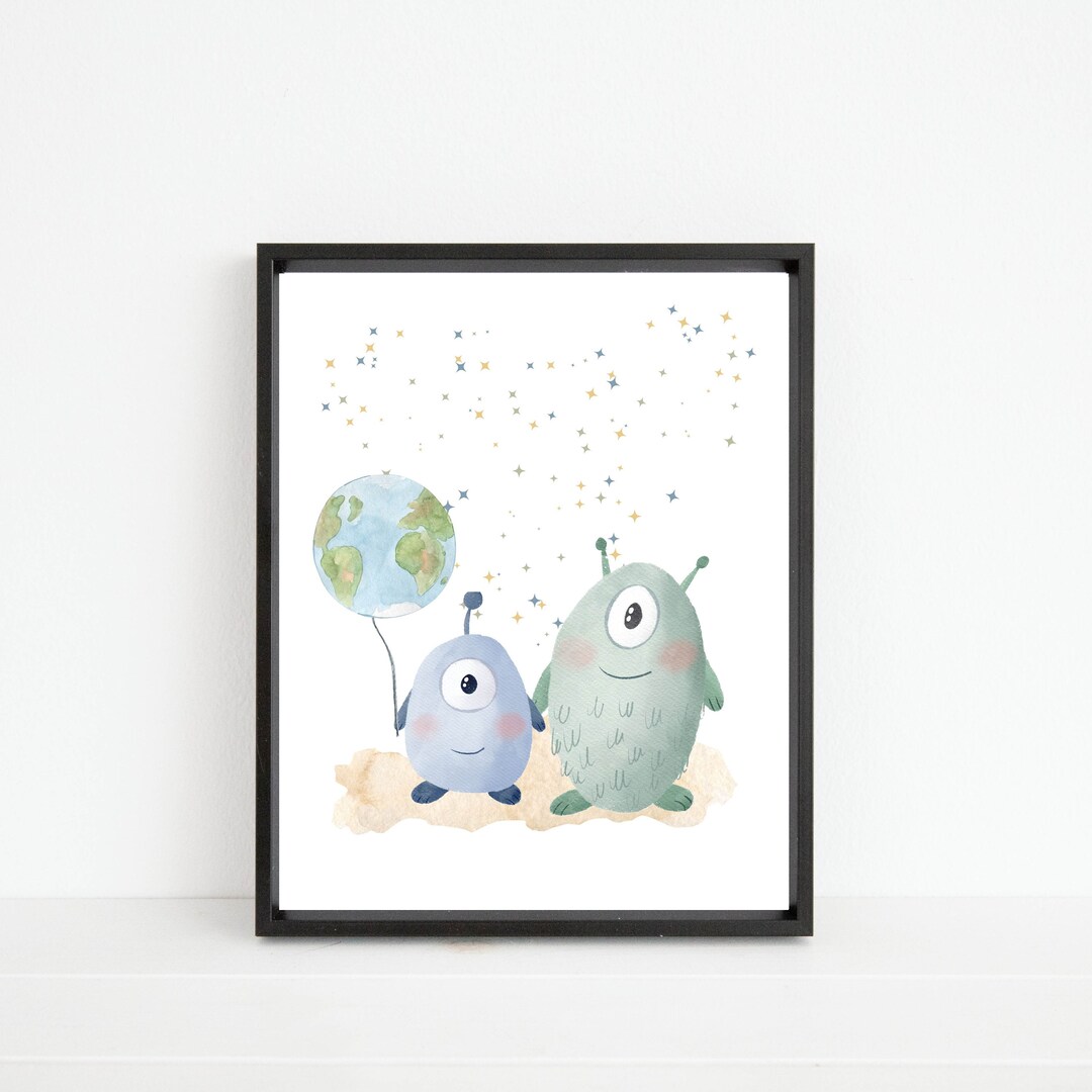 Space Theme Printable Wall Art - Cute Aliens Wall Art, Watercolor Kids ...