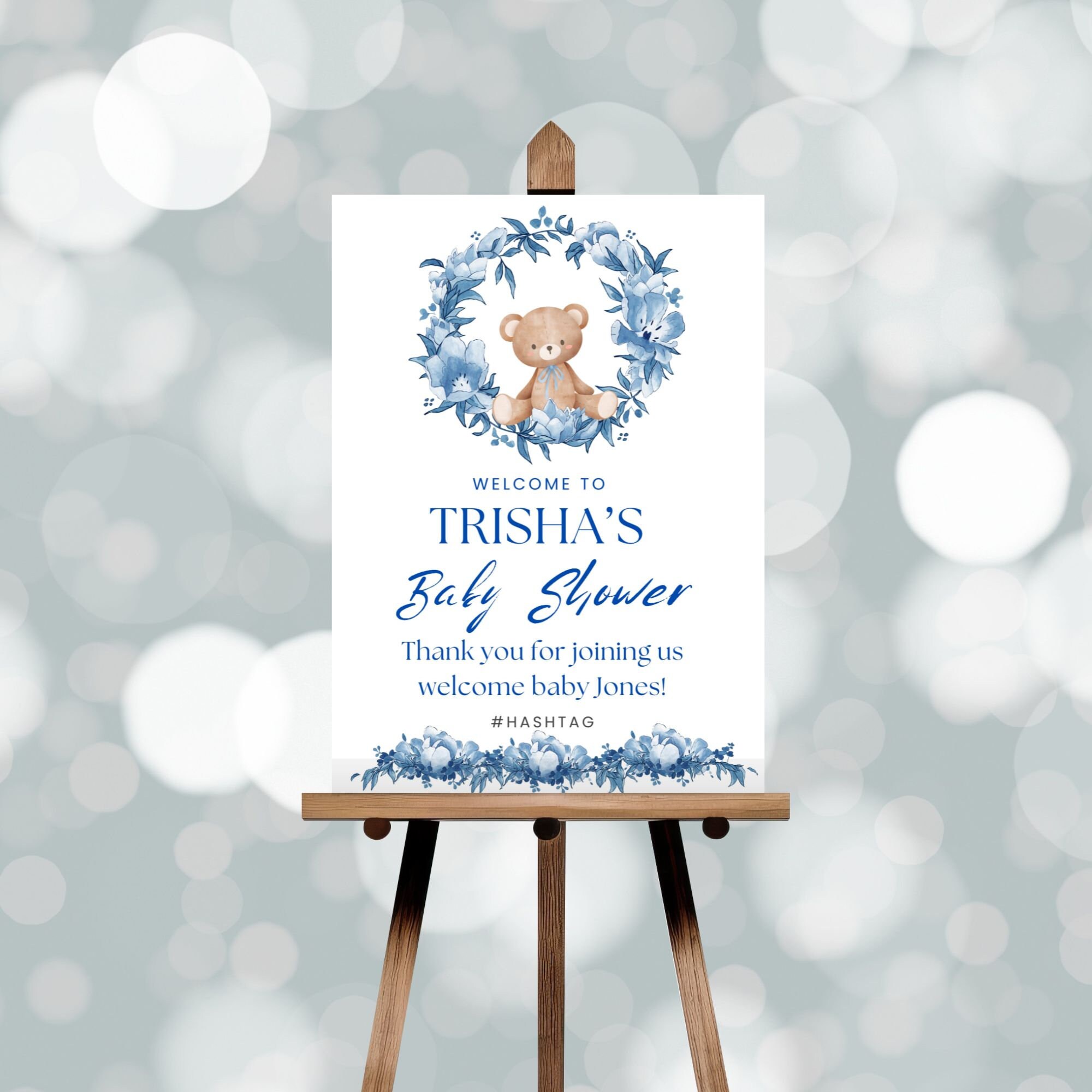 Baby Shower Welcome Sign, Blue Flowers & Teddy Bear Baby Shower Sign ...