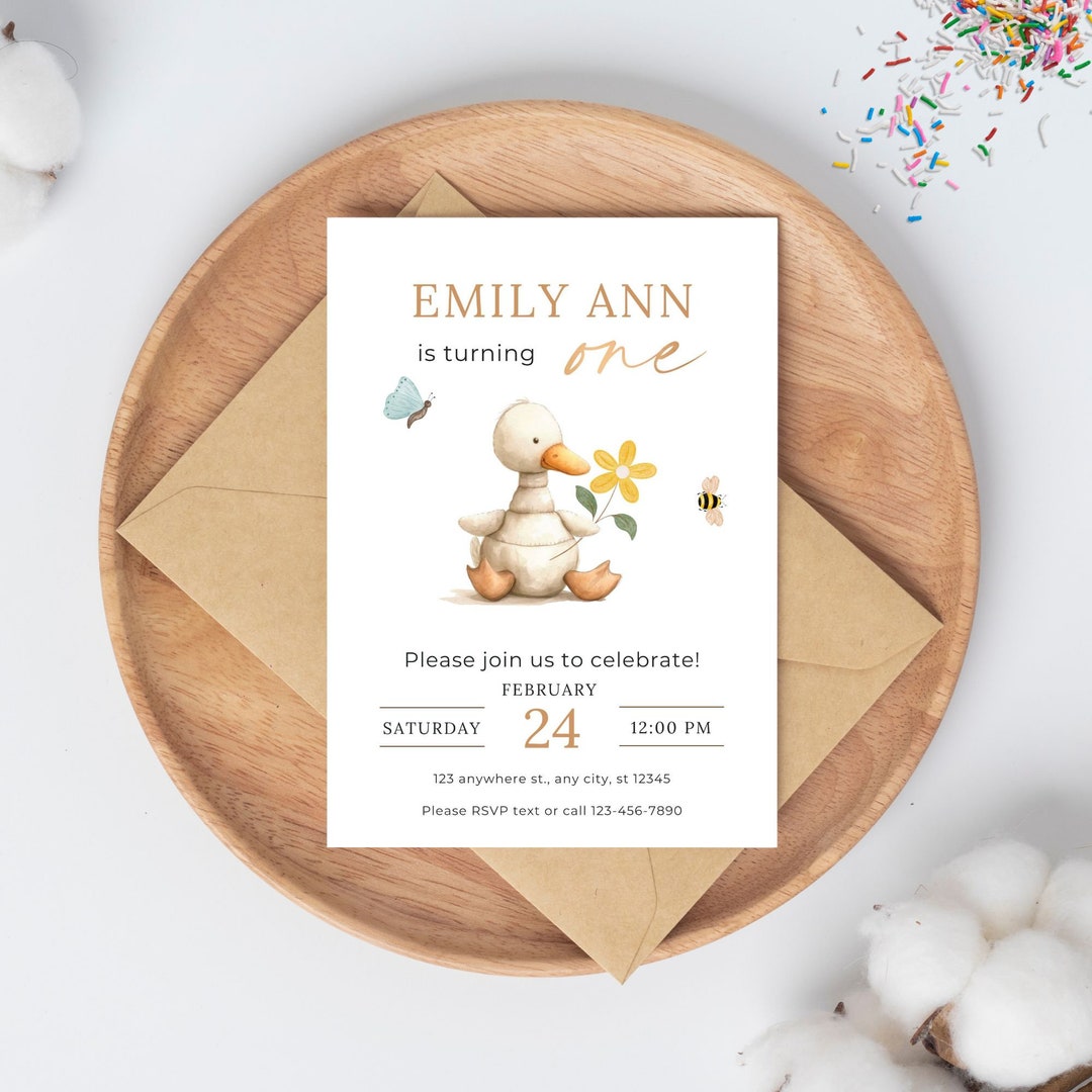 One Year Old Birthday Party Invitation 5x7 Duck Birthday Party & Mobile ...
