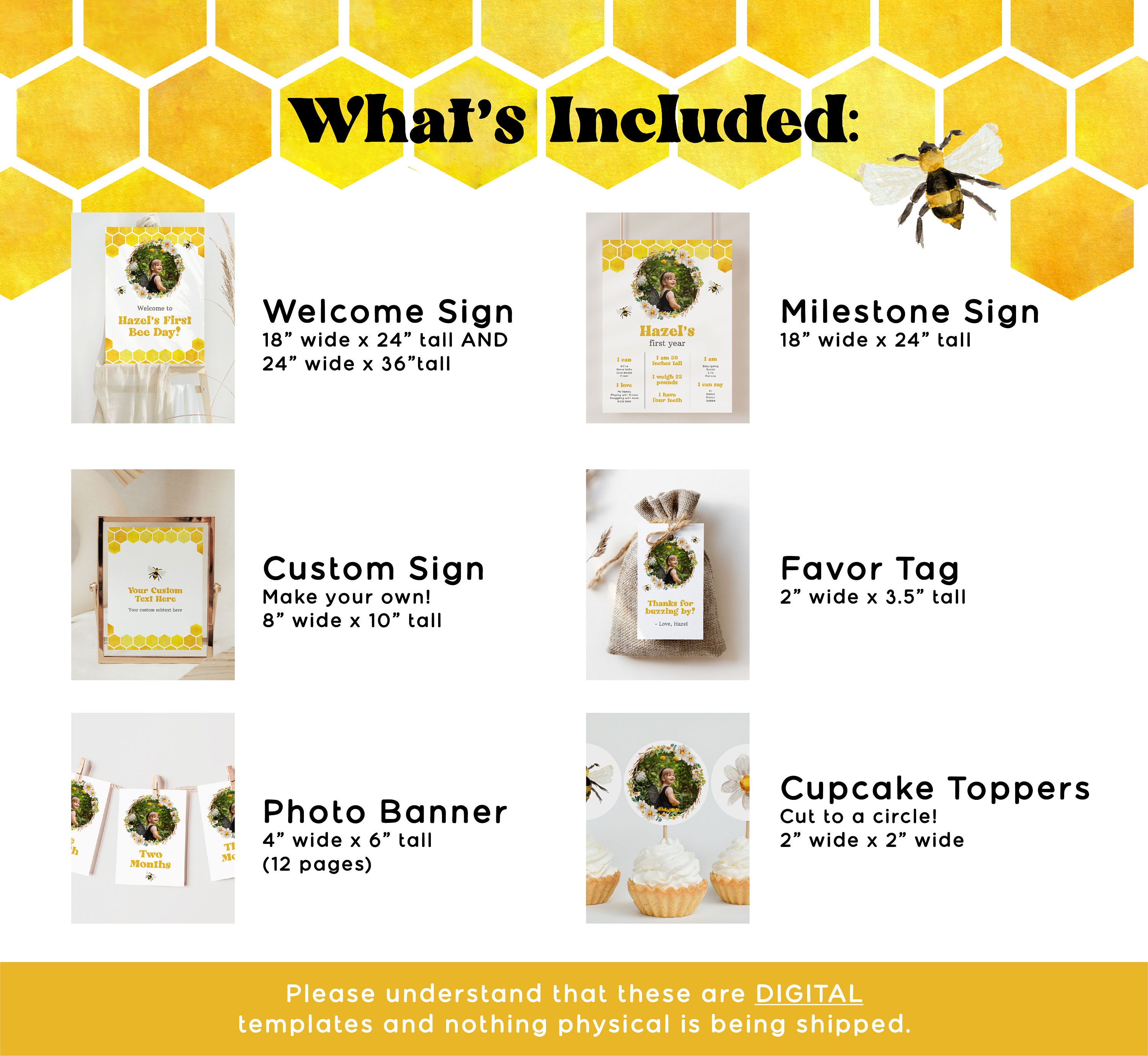 First Bee Day Decor Bundle, Editable Templates for Bee First Birthday ...