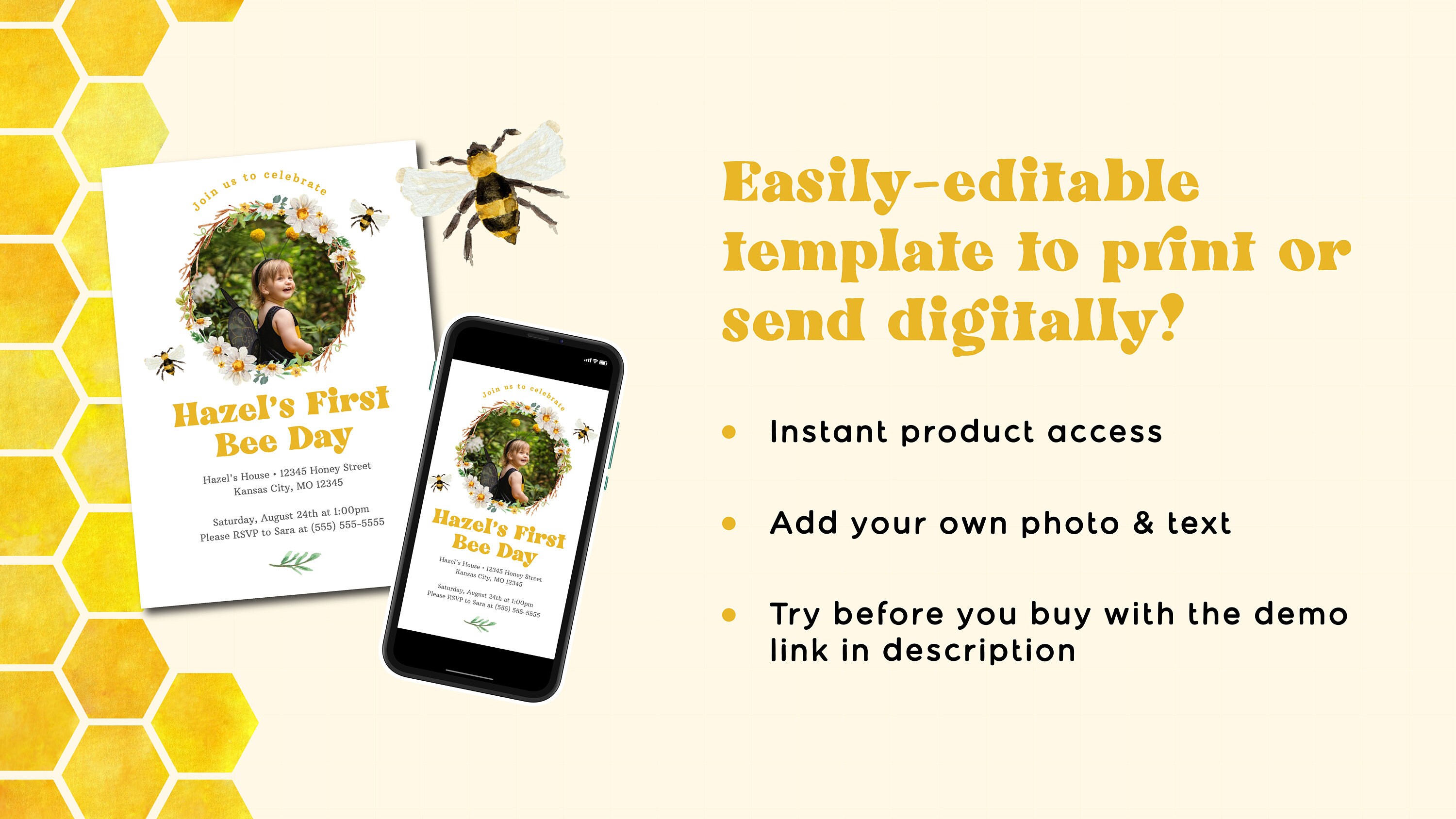 First Bee Day Invitation, Digital Template for Bee Birthday, Instant ...