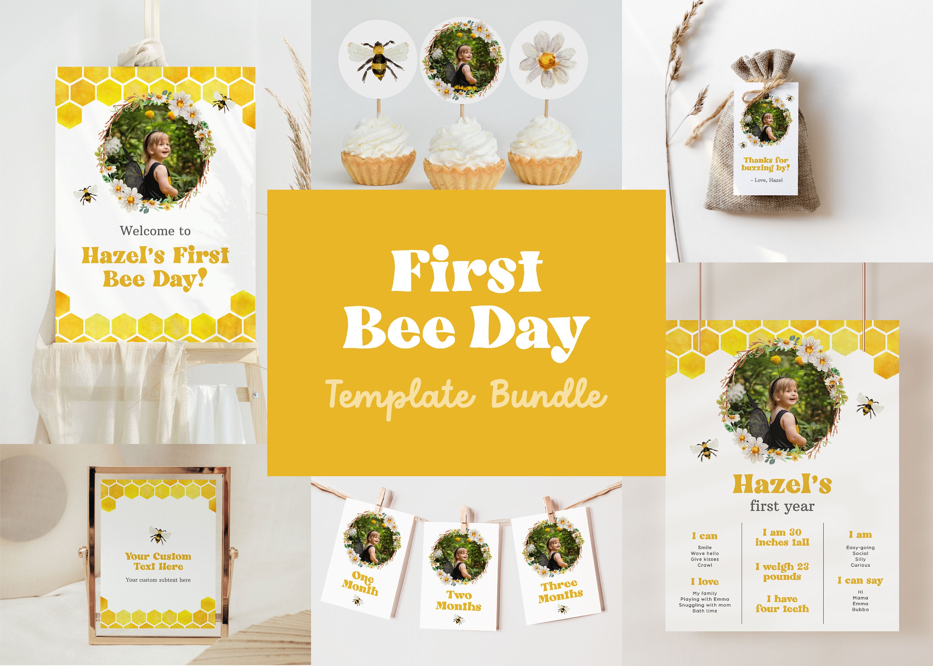 First Bee Day Decor Bundle, Editable Templates for Bee First Birthday ...