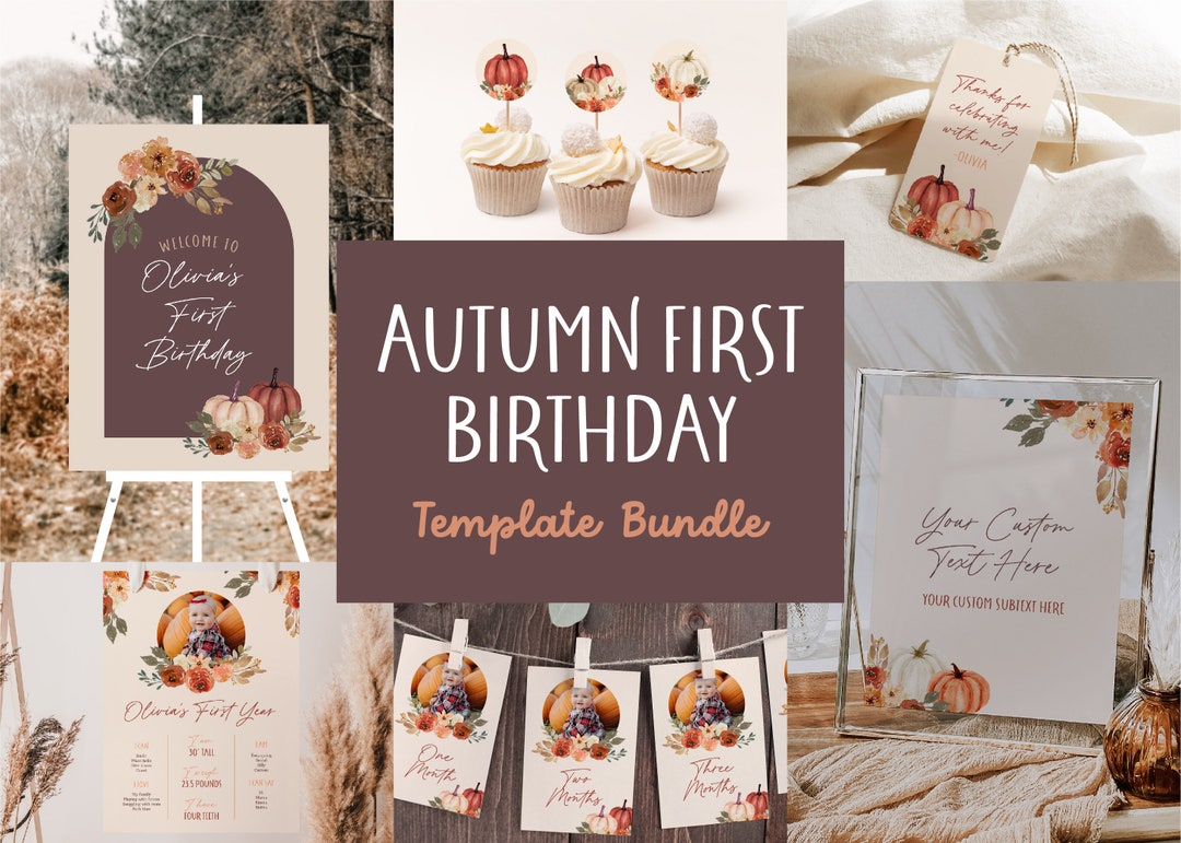 Fall First Birthday Template Bundle, Editable Templates for Autumn ...