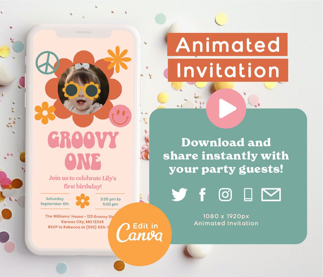 Groovy One Birthday Invitation, Animated Video Invite for One Groovy ...