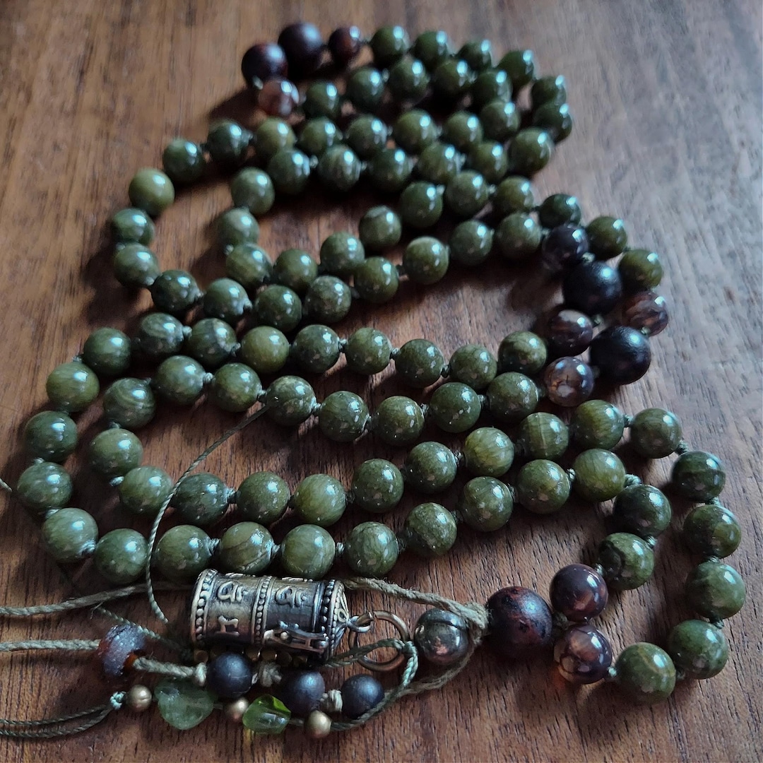 Prayer Mala With Green Jade, Ebony Wood, Brown Agate, and Prayer Box ...