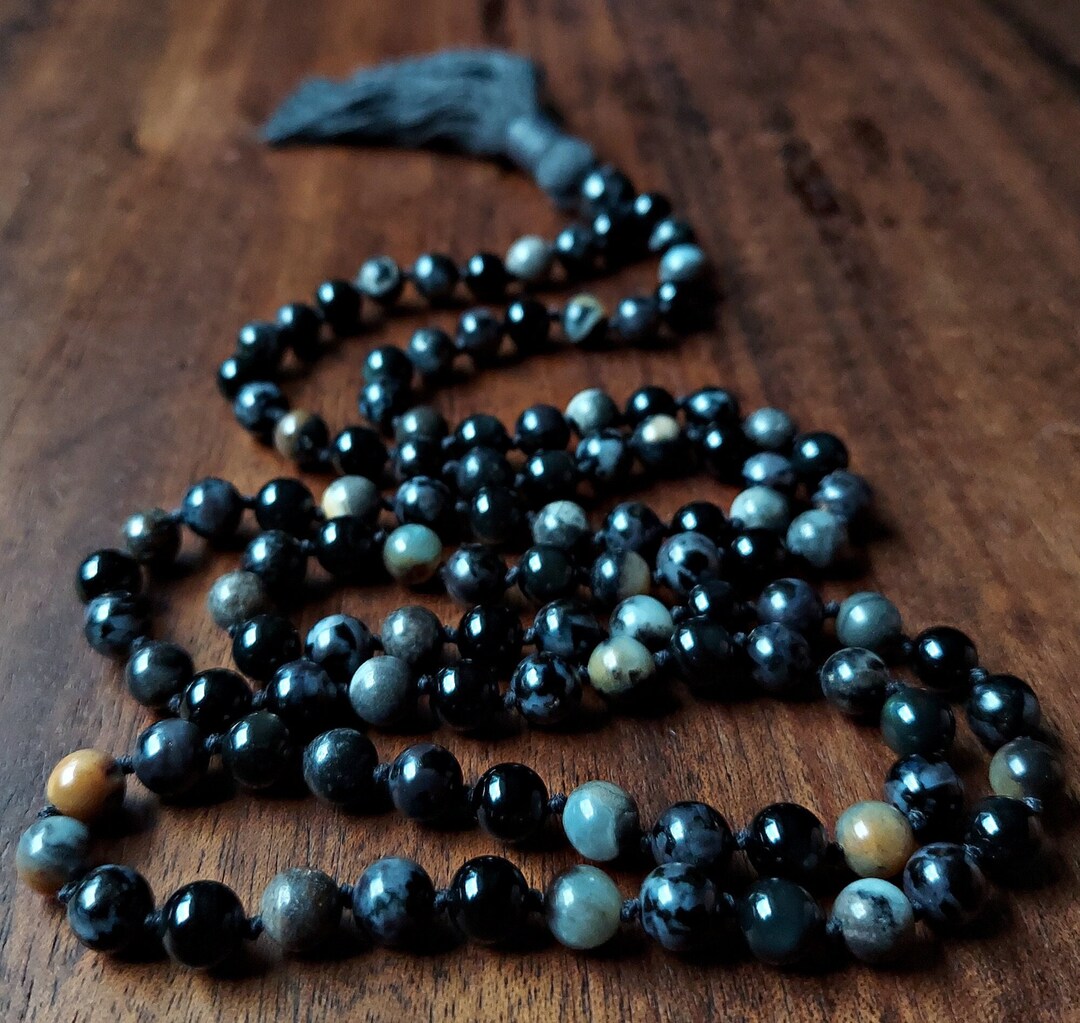 Mystic Merlinite & Obsidian Beaded Necklace for Men, Protection Mala ...