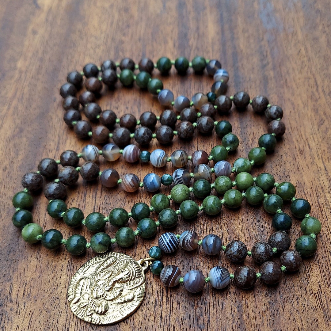 Ganesha 108 Mala Beads, 8mm Japamala With Brass Ganesh Pendant, Green ...