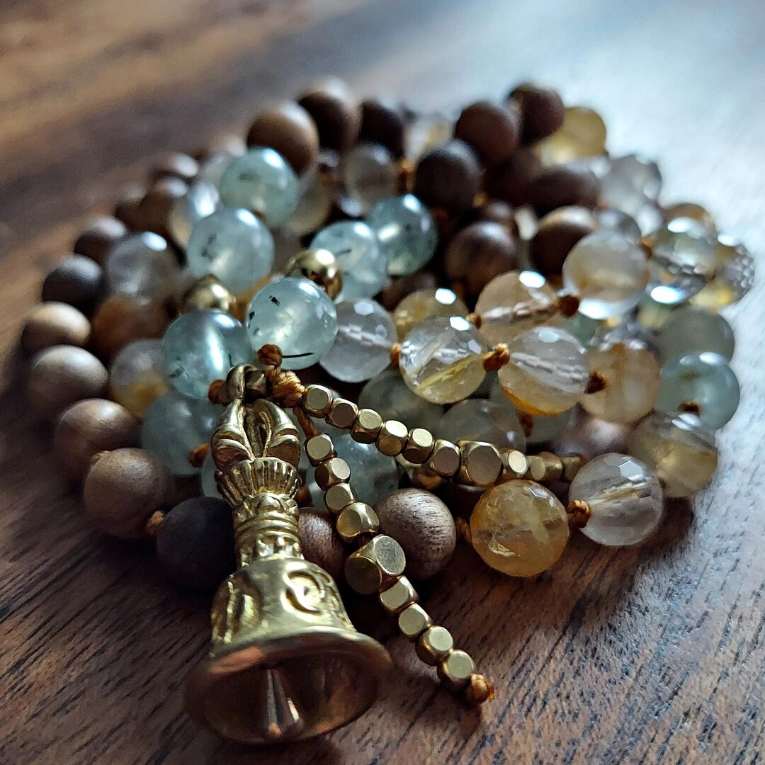 Tibetan Buddhist Mala With Sandalwood & Brass Bell, Golden Healer ...