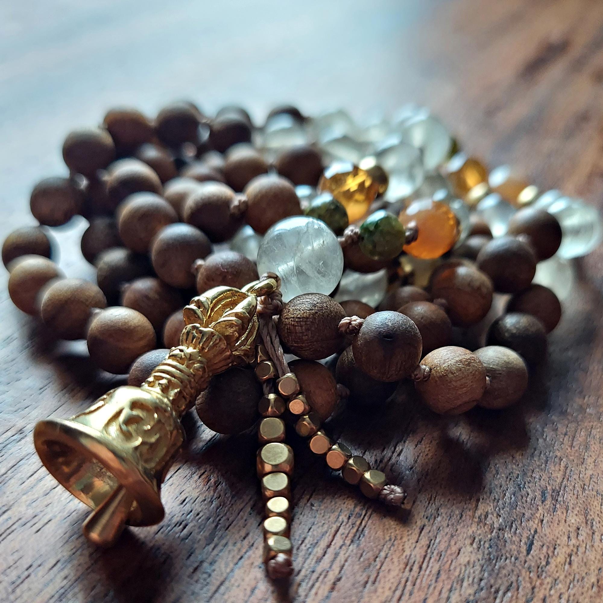Harmony Mala Beads | Sandalwood, Lemon Quartz, Peridot, Citrine, Brass ...
