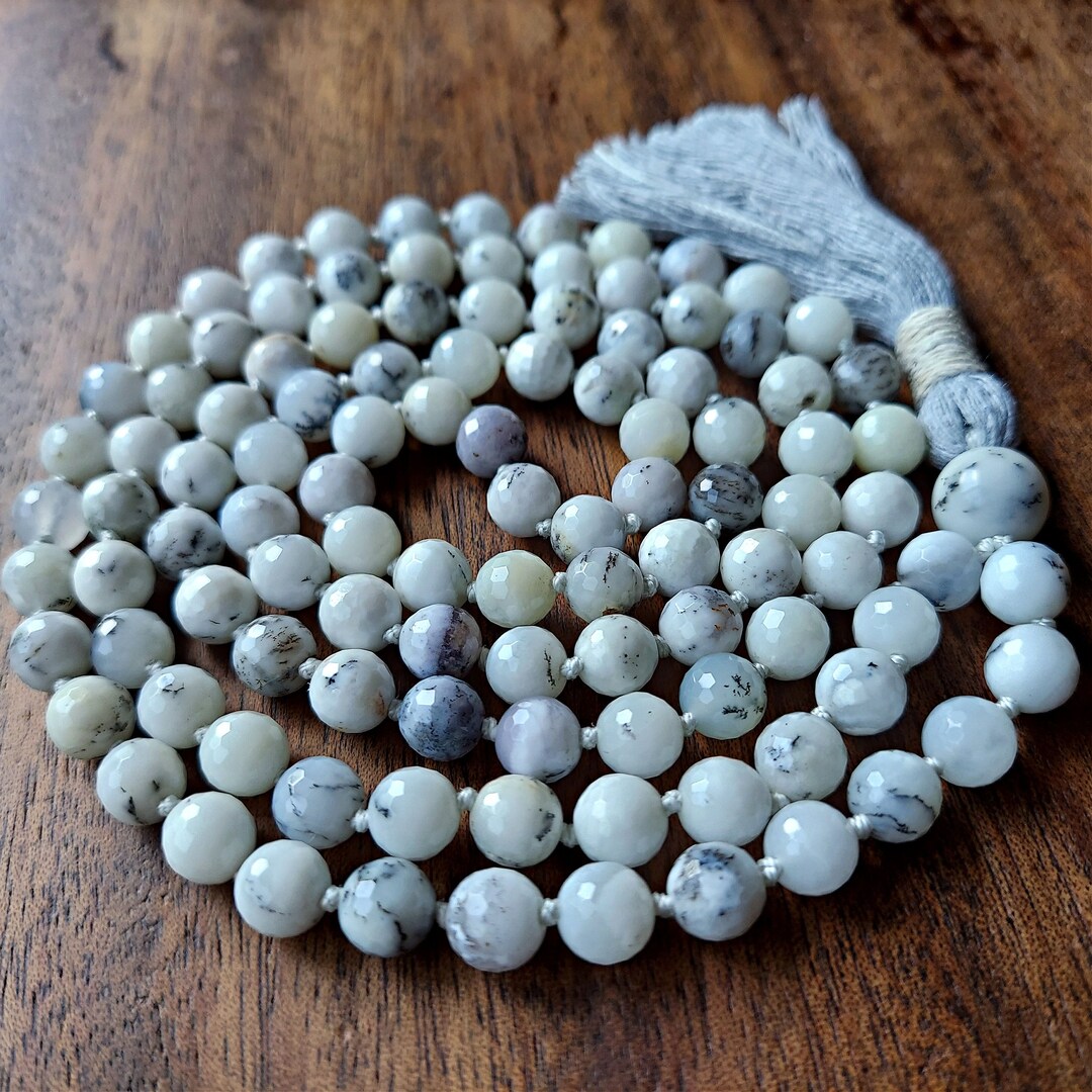 White Opal Mala Beads for the Crown Chakra, 8mm Faceted Merlinite ...