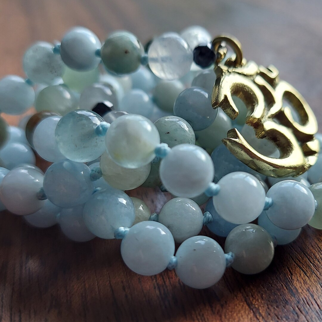 Aquamarine Om 108 Mala Beads, 8mm Japa Mala, Peace Mala Necklace, Blue ...