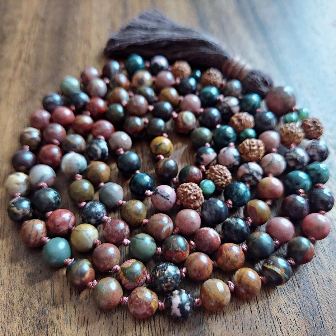 Rhodonite Jasper & Rudraksha Mala Beads, Handmade Necklace Gift ...