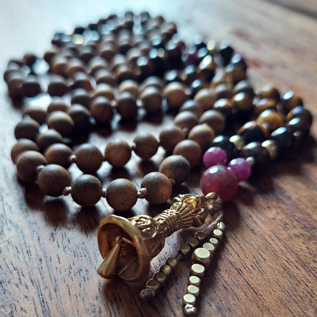 Tibetan Buddhist Genuine Ruby Mala With Sandalwood & Brass Bell, Tiger ...