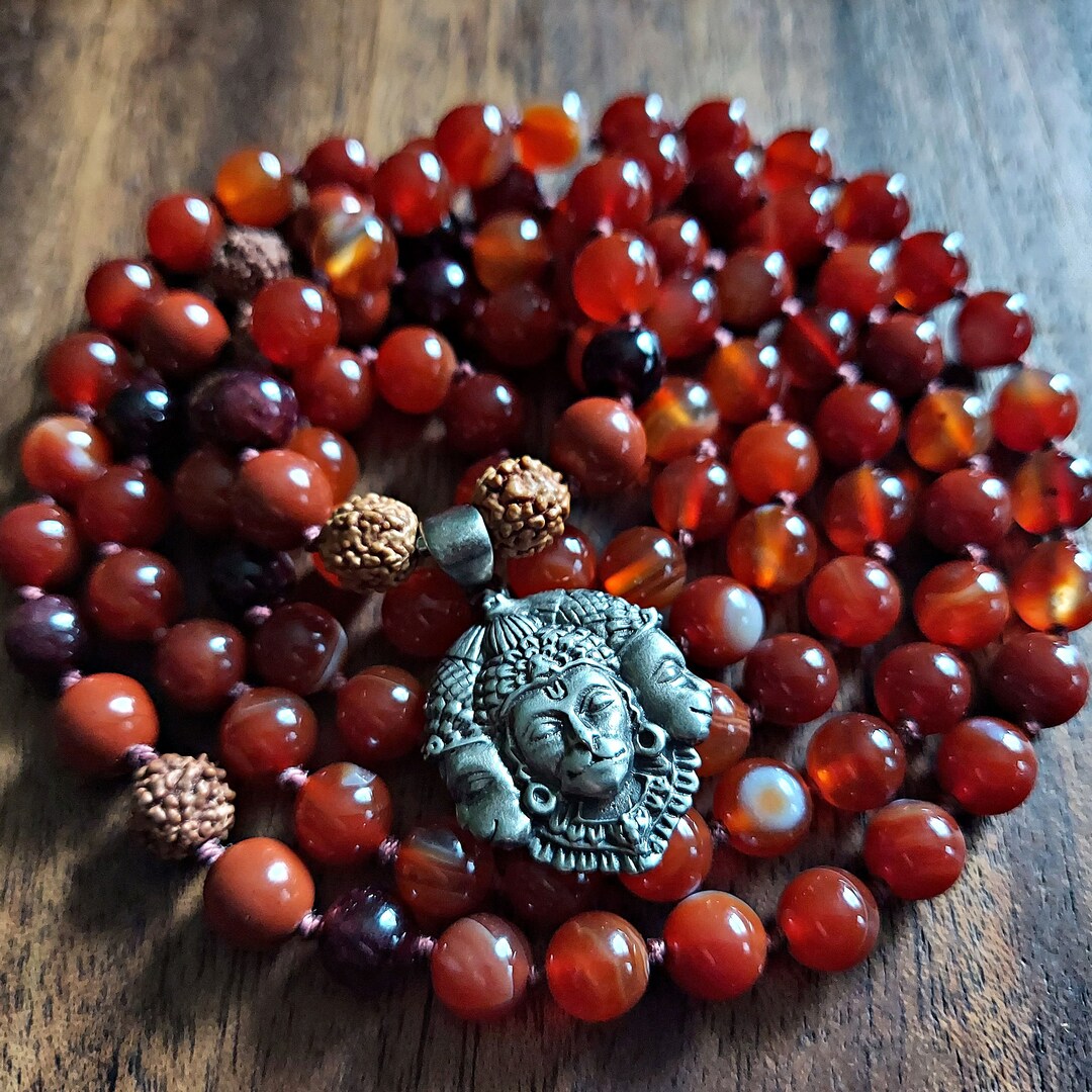 Sterling Silver Hanuman 108 Mala Beads for Devotion & Strength, Orange ...