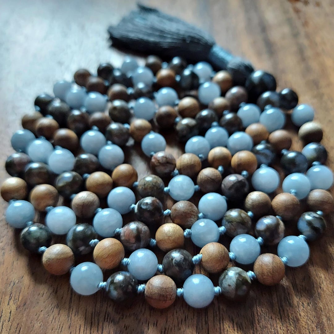 Celestite Necklace With African Blue Opal & Sandalwood, Throat Chakra ...