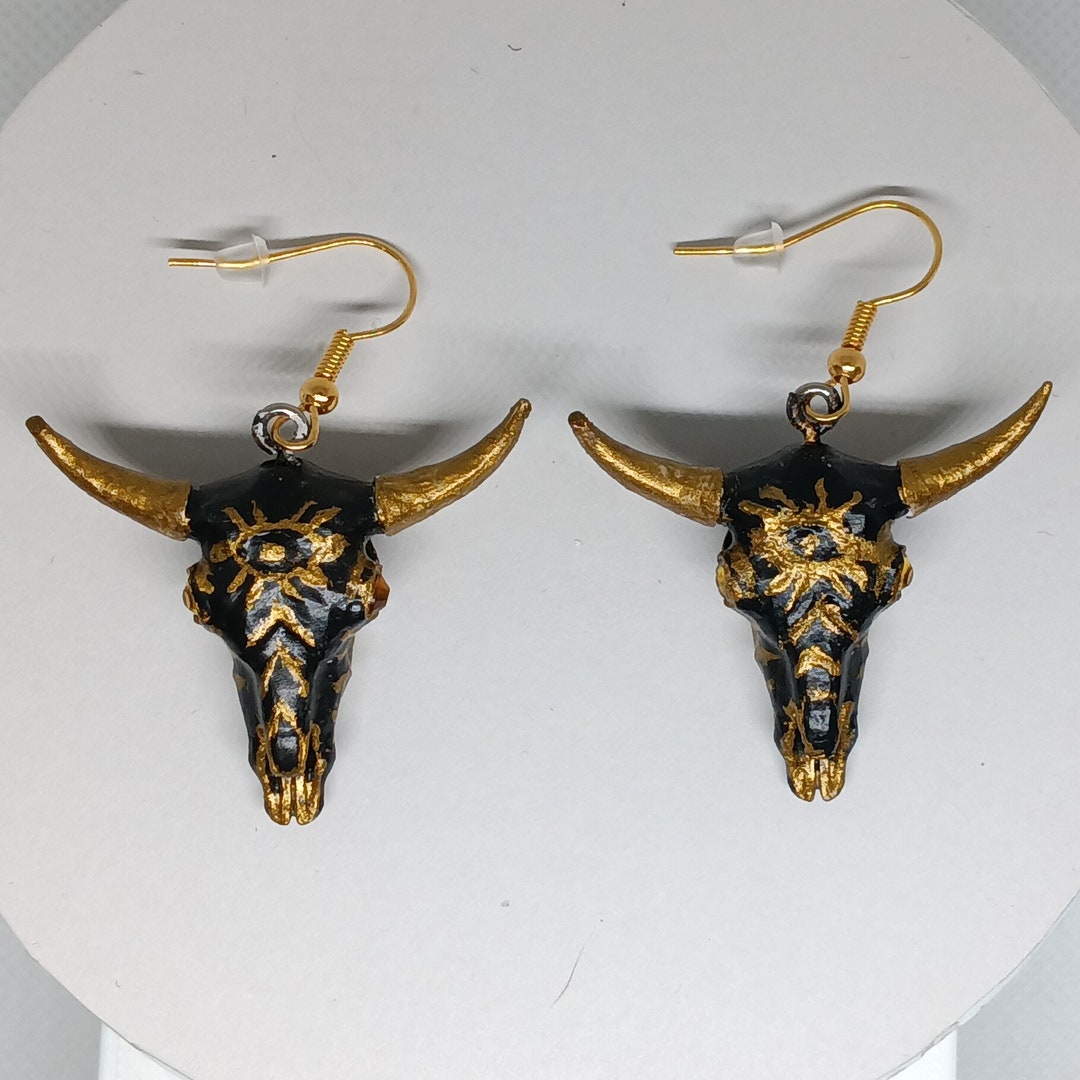 Midas' Curse - Cow Skull Painted Resin Earrings - Etsy