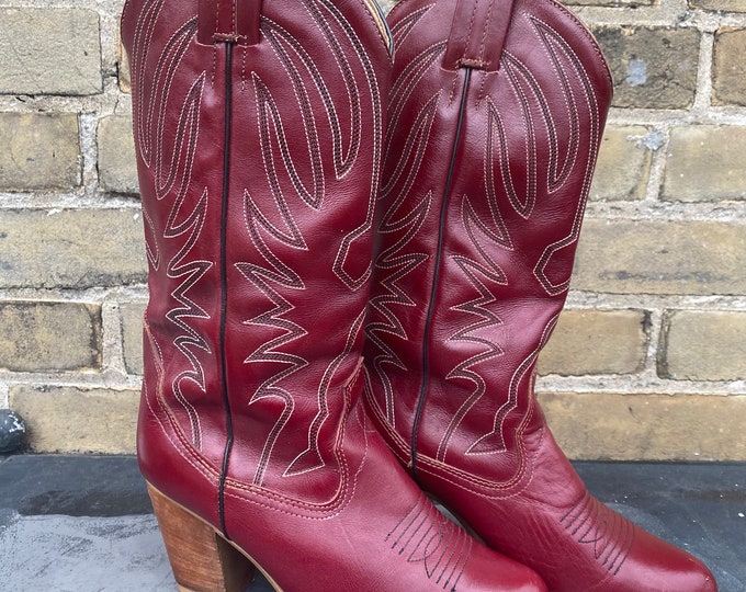 Vintage Cranberry Red Heeled Cowboy Boot by Hanna // US Women's Size 6 ...