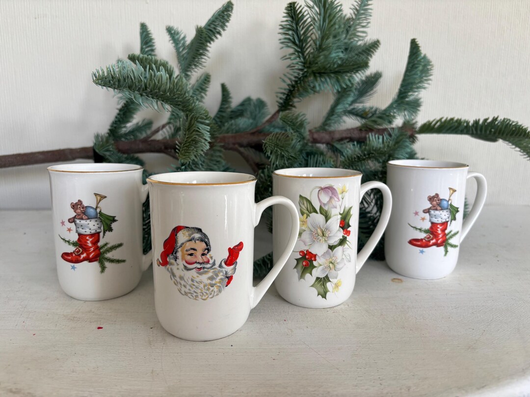 Vintage Collection of Merry Christmas Mugs, Santa Boot, Stocking, Santa ...
