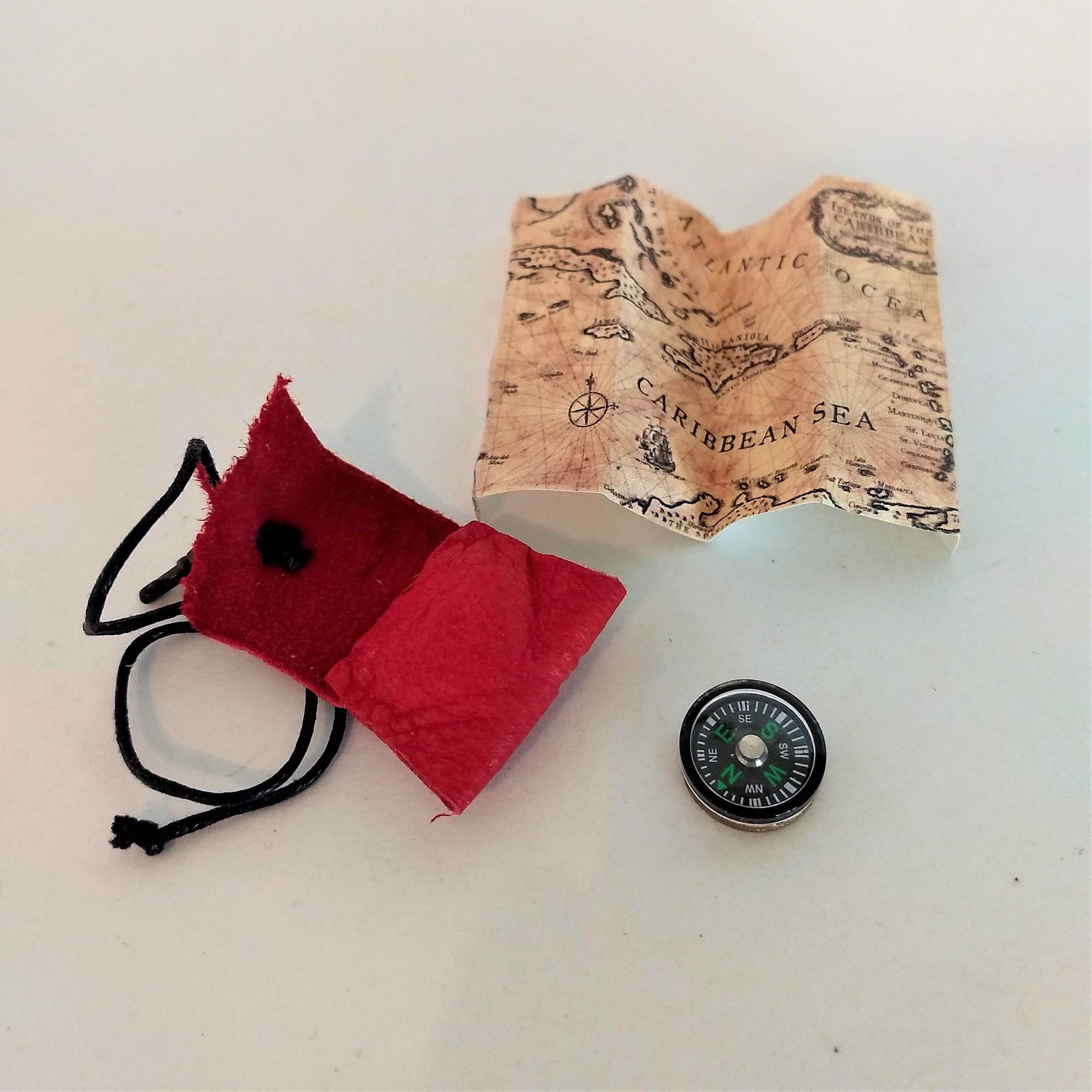 Miniature Treasure Map & Compass With Red Leather Pouch, 1:12 Dollhouse ...
