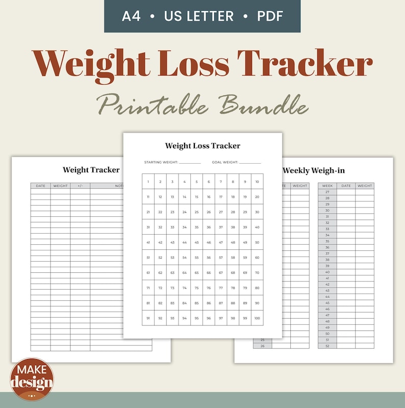 Weight Loss Tracker, Printable Bundle, Weekly Weigh in Chart, Health ... Weight Loss Tracker, Printable Bundle, Weekly Weigh in Chart, Health ...