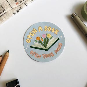 Open a Book Open Your Mind Sticker, Cute Fun Illustrated Gift for ...