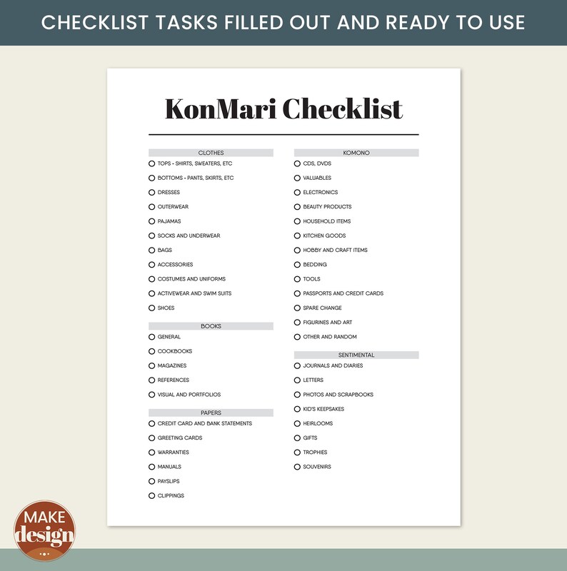Konmari Cleaning Checklist Printable, Room Declutter, Marie Kondo ...