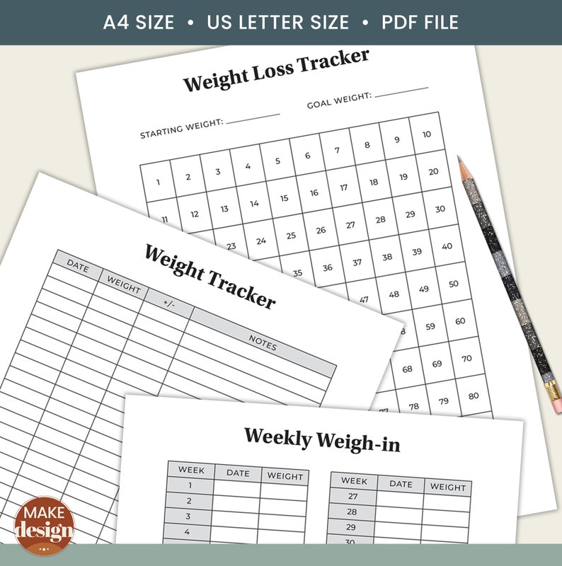 Weight Loss Tracker, Printable Bundle, Weekly Weigh in Chart, Health ... Weight Loss Tracker, Printable Bundle, Weekly Weigh in Chart, Health ...