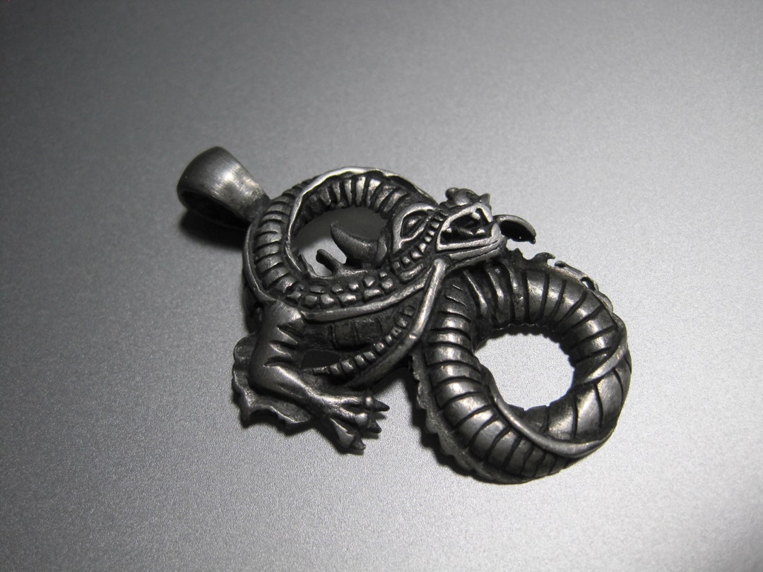 Pewter Dragon Pendant. Asian Dragon Pendant. Include Black Faux Leather ...
