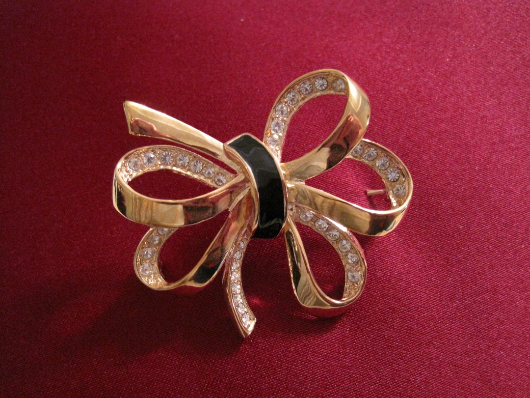 Roman Signed Gold Tone Bow Brooch. Rhinestones Crystal, Black Enamel ...
