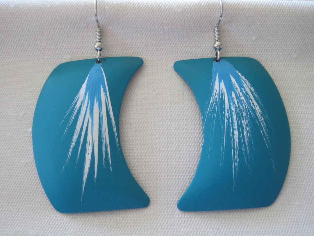 Bohemian Style, Abstract Dangle Earrings. Teal Blue & White Enamel ...