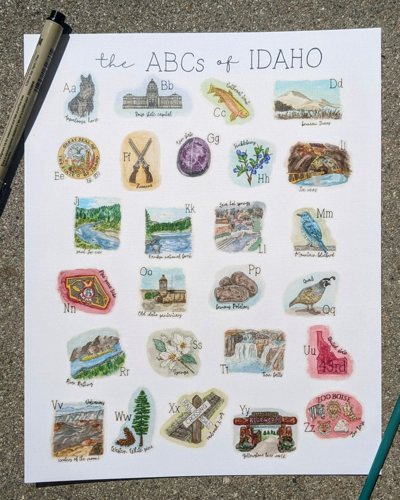 Watercolor Idaho ABC Art Print | Educational Alphabet Wall Art | Idaho ...