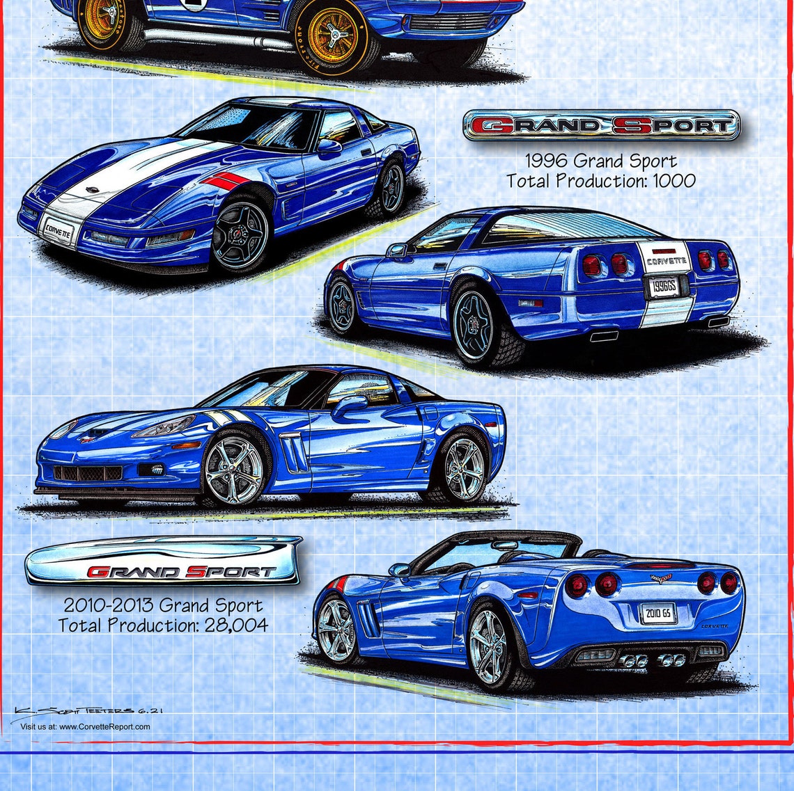 Grand Sport Corvettes 1963, 1996, 2010-2013 Art Canvas Poster, C2, C4 ...
