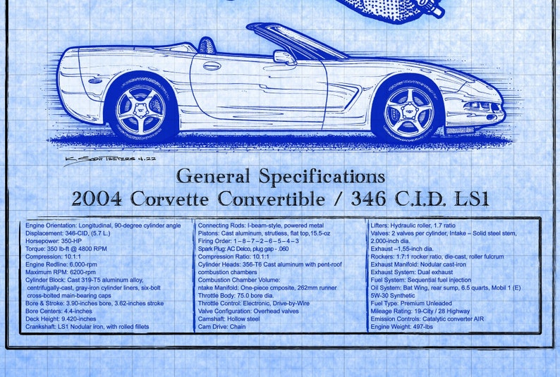 2004 Corvette Convertible LS1 Engine Canvas Poster Art Print, 12x18 ...