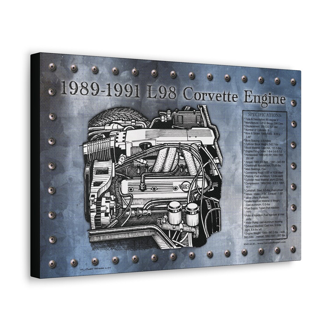 1989 - 1991 L98 Corvette Engine and Specs Art on Canvas Wrap, C4 ...