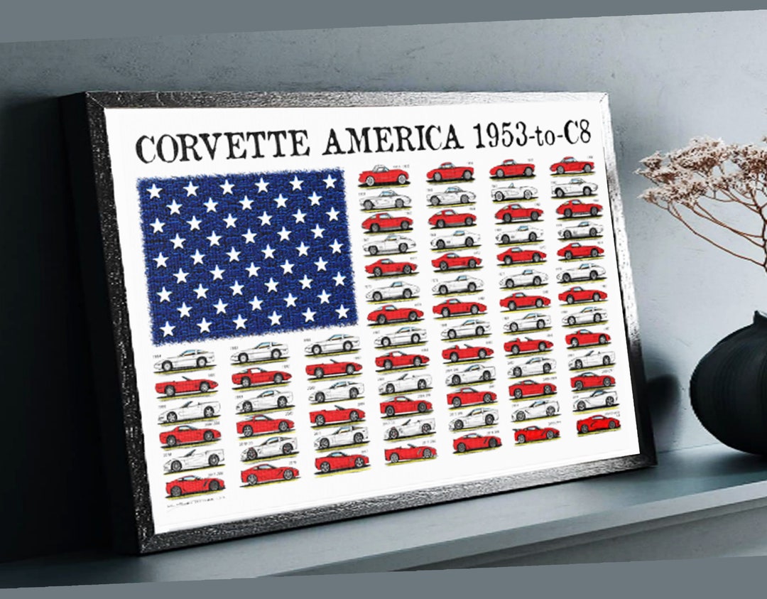 Corvette America C1 to C8 Corvette Flag Art Print in Black Premium Wood ...