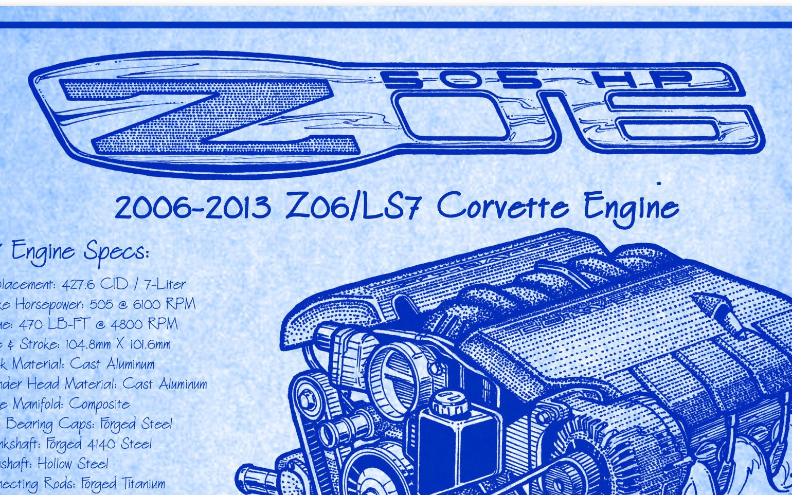 2006-2013 427 LS7 Z06 Corvette Engine Blueprint Series Poster Art Print ...