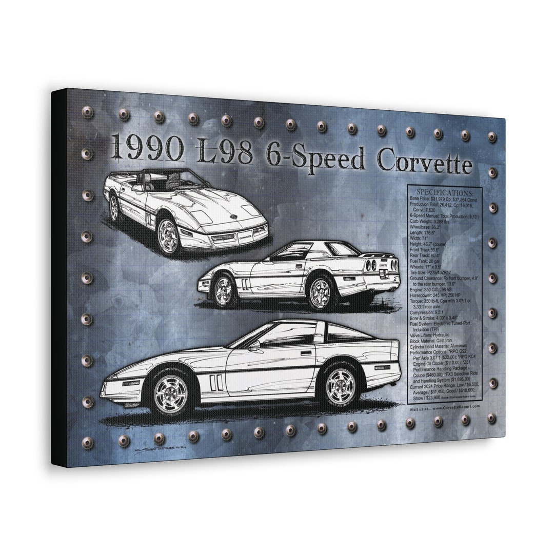1990 L98 Corvette and Specs Art on Canvas Wrap, C4 Corvette Lover Art ...