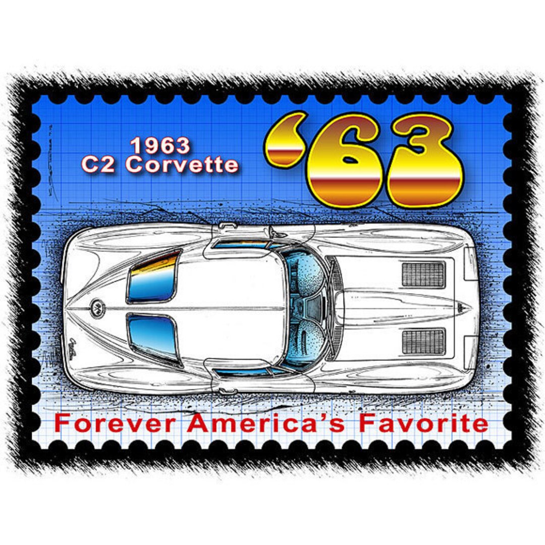 1963 C2 Corvette Color Car Postage Stamp Style Print,63 Corvette, First ...