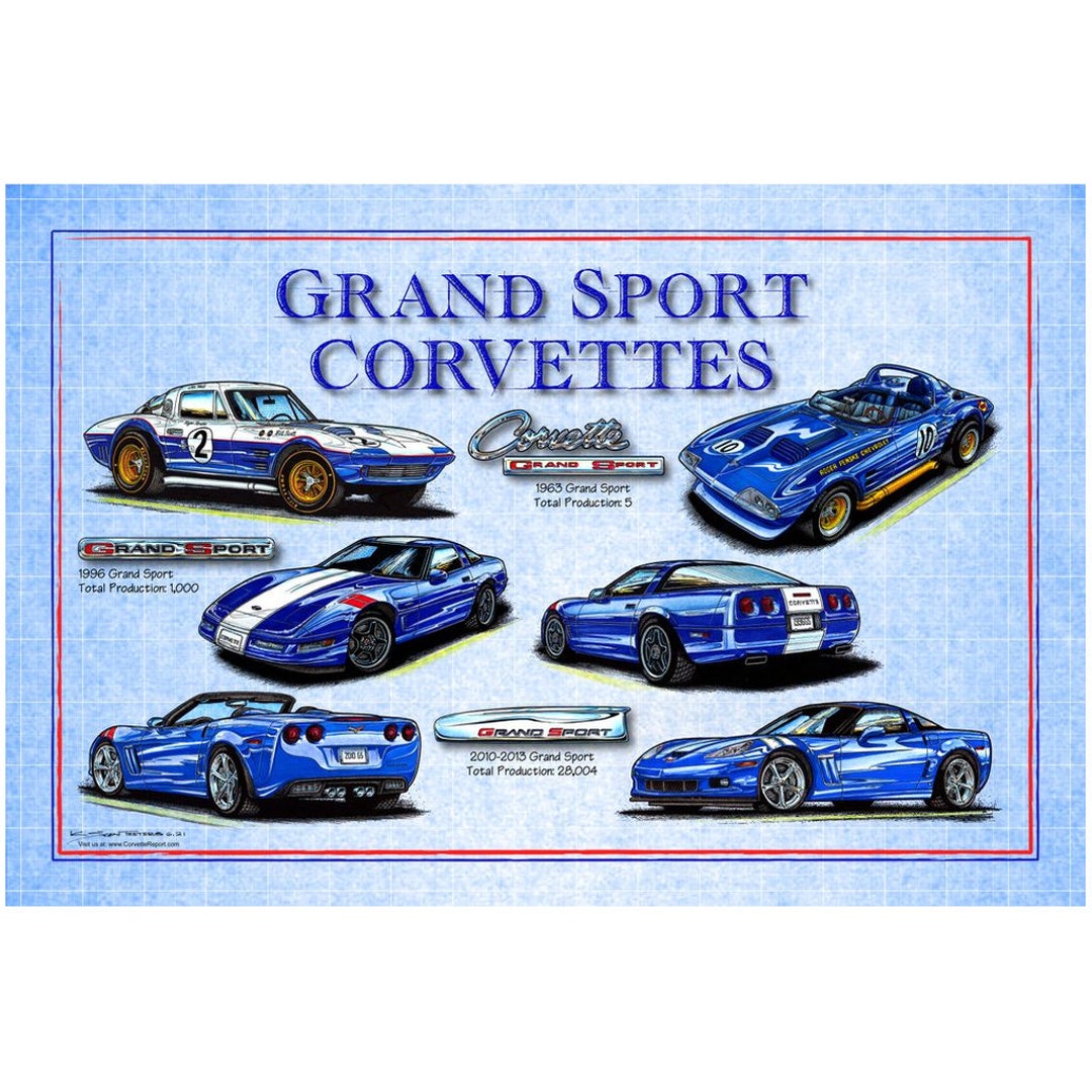 Grand Sport Corvettes 1963, 1996, 2010-2013 Art Canvas Poster, 12x18 ...