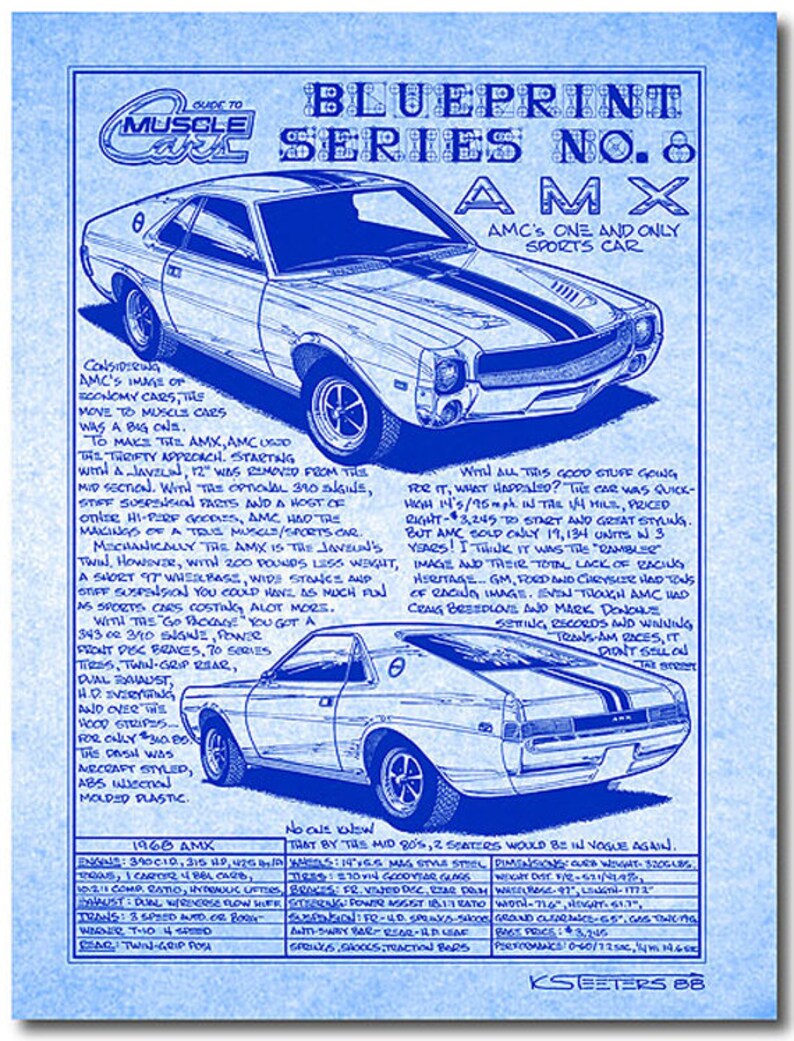 1968 AMC AMX Diazo Blueprint Look Cardstock Car Art Print,american ...
