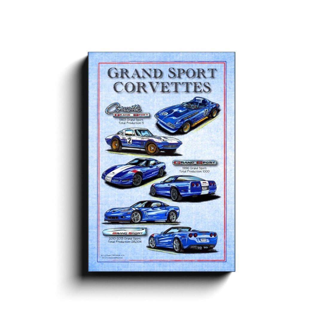 1963, 1996, 2010-2013 Grand Sport Corvettes Art Canvas Wrap, C2, C4, C6 ...