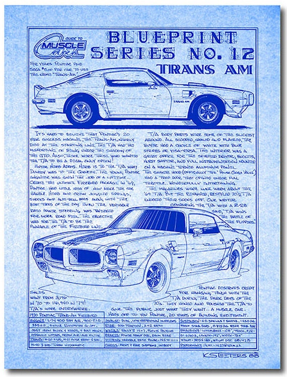 1970 Pontiac Trans-am Firebird, Diazo Blueprint Look Cardstock Art Car ...